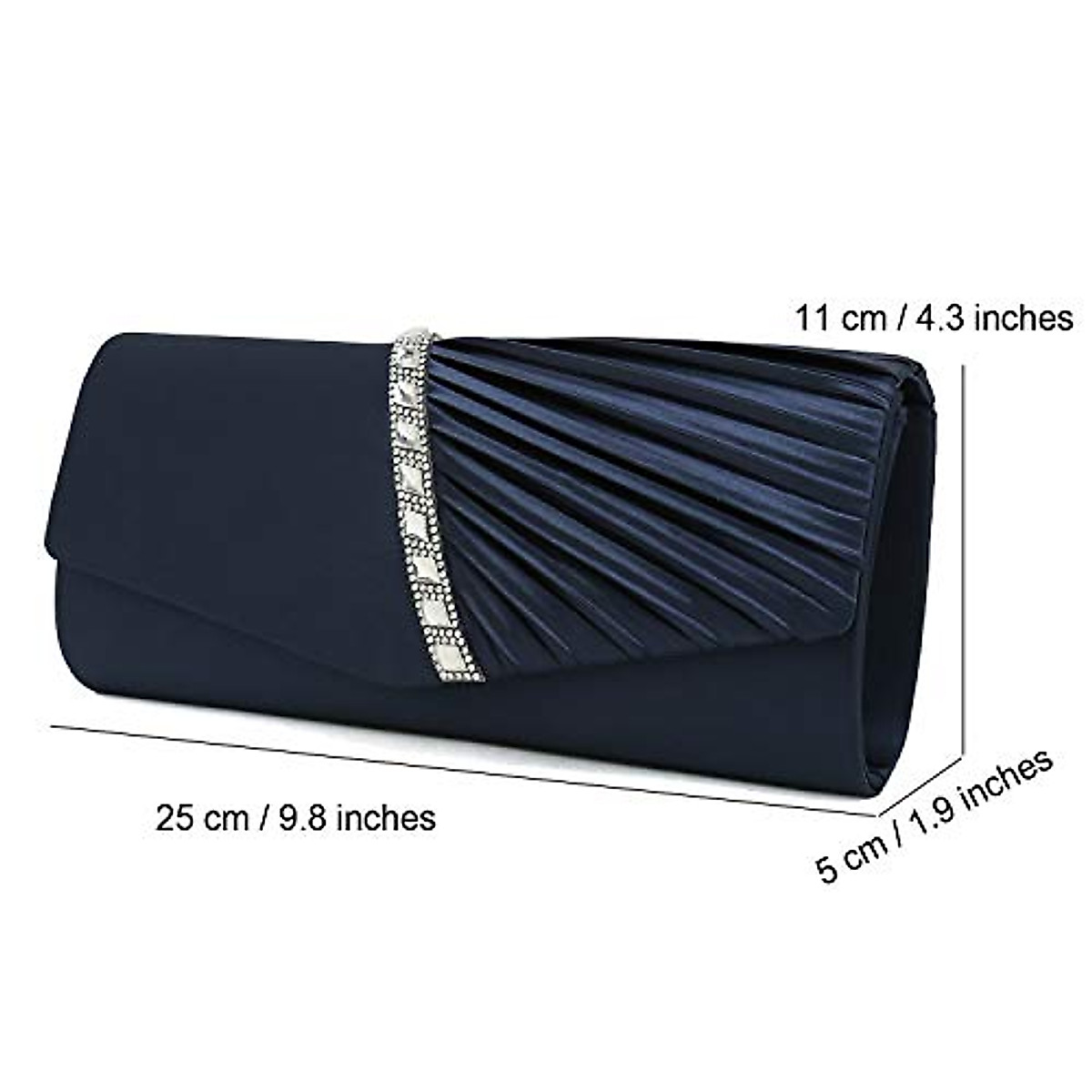 CHARMING TAILOR Evening Handbag Crystal Embellished Purse Pleated Satin Clutch (Navy Blue)
