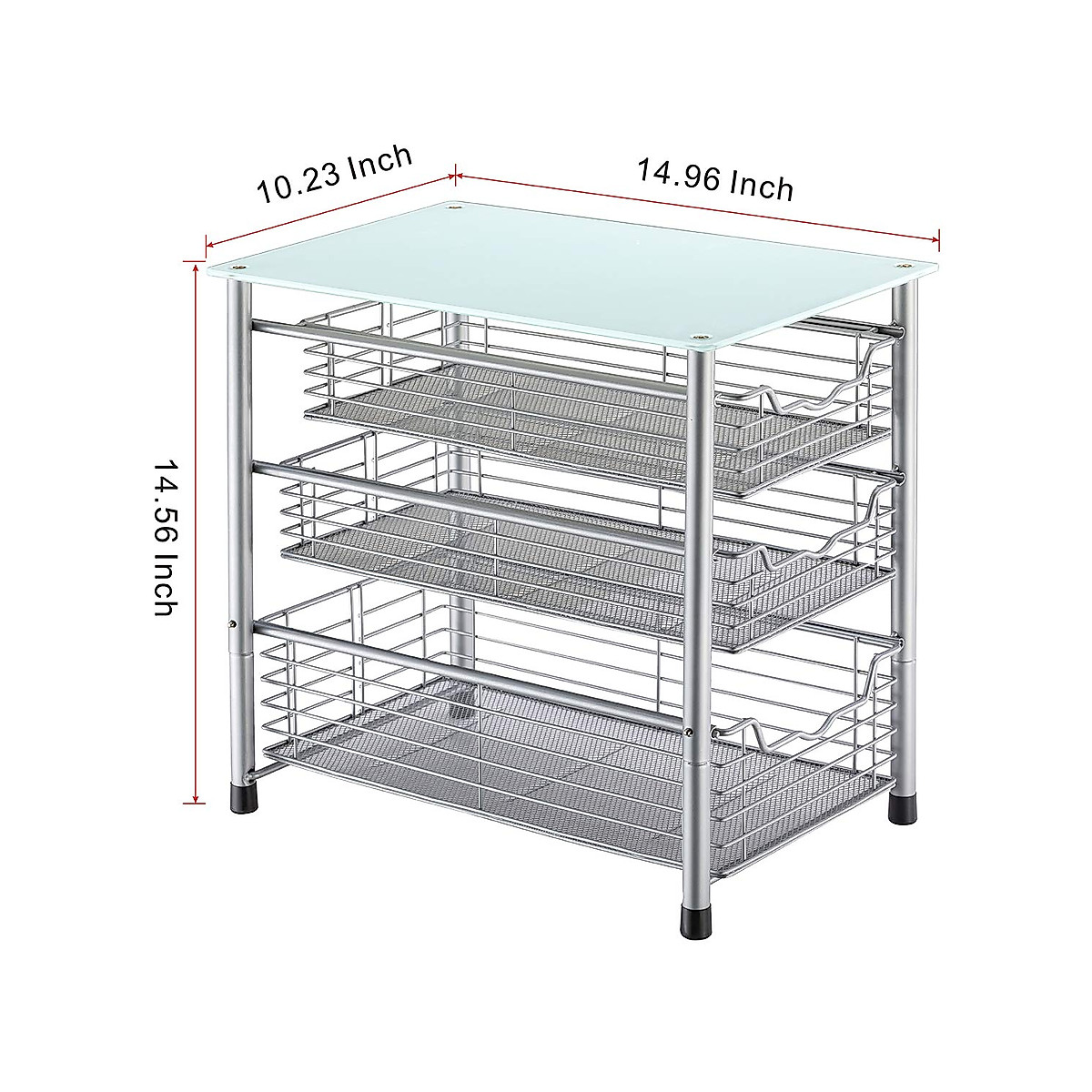 Flagship 3 Tier Sliding Backet Organizer Drawer with Crystal Tempered Glass Mesh Shelves for Spice Rack Countertop Kitchen Under Sink Drawer Bathroom Office (Silver)