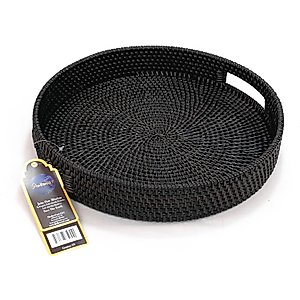 Rattan Round Serving Tray, Hand Woven Serving Basket with Cut - Out Handles, Wicker Fruit/Bread Serving Basket, 14.17 Inch (Black, Large)