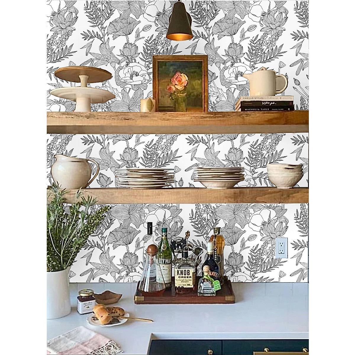 Elegant Lily Lotus Floral Adhesive Shelf Liner Peel & Stick Dresser Drawer Sticker Cabinet Sticker Furniture Contact Paper, 17.7 Inch by 9.8 Feet(Black&White)