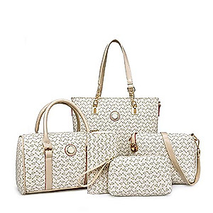Women Handbags Set 6 PCS Tote Shoulder Crossbody Bags Clutch Top Handle Satchel Purse, Off-white, 1
