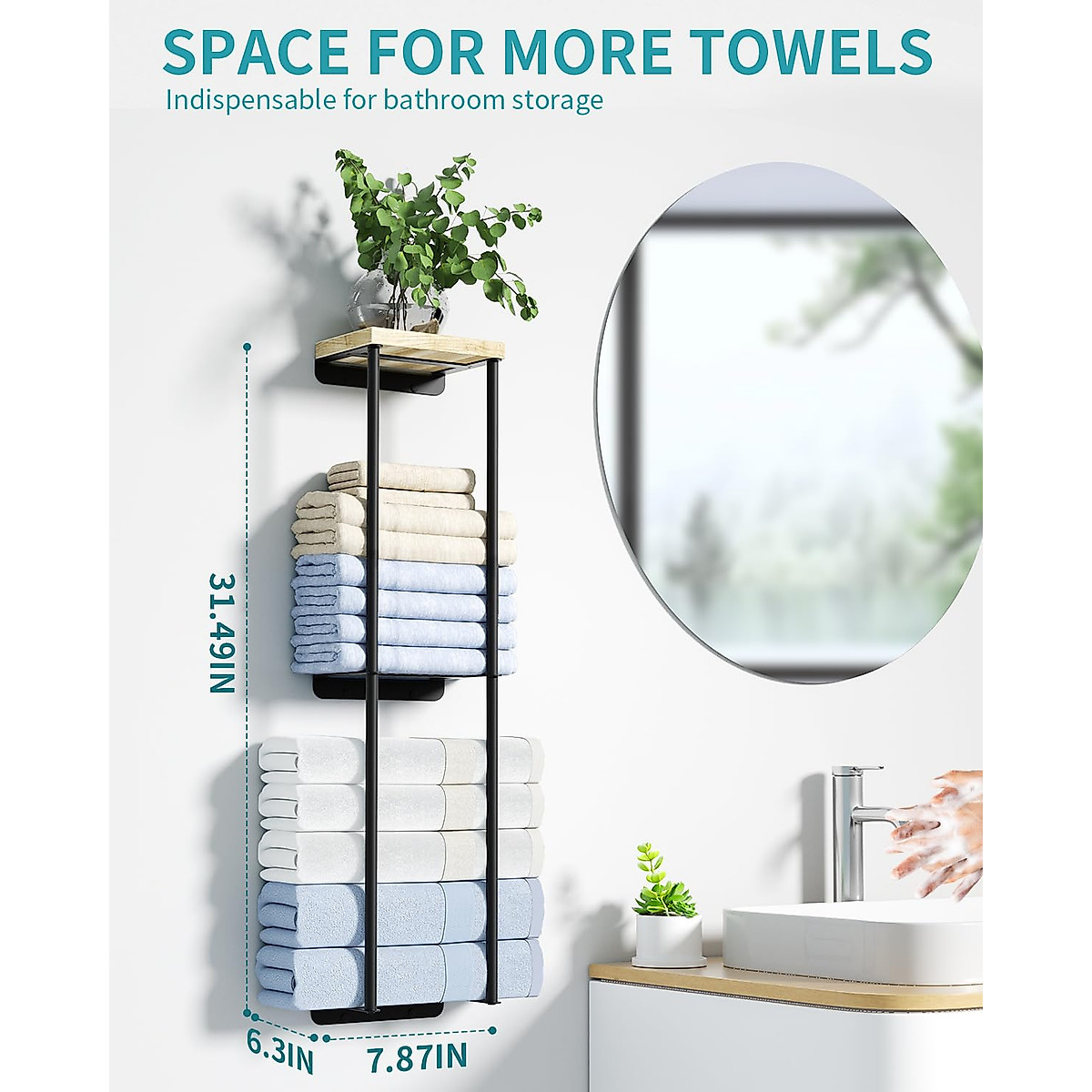 Towel Racks for Bathroom, 2 Tier Wall Towel Holder with Wood Shelf, Metal Wall Mounted Towel Rack Bathroom Organizers and Storage, Black -V1