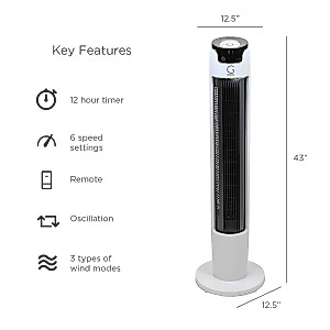 Genesis Powerful 43 Inch Oscillating Tower Fan with Max Air Quiet Technology and Remote, White (G5TOWERFAN)