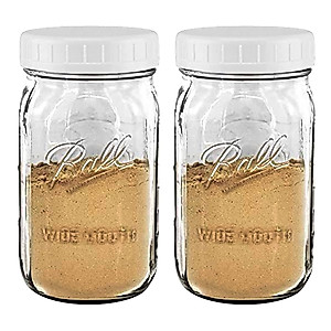 Wide Mouth Mason Jars 32 oz - (2 Pack) - Ball Wide Mouth 32-Ounces Quart Mason Jars with White M.E.M Food Storage Plastic Lids, Caps Fit Ball and Kerr Wide Mouth - For Storage, Freezing, Leak Proof,