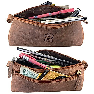 RUSTIC TOWN Leather Pencil Case - Zippered Pen Holder Pouch for School, Work & Office (Medium Brown)