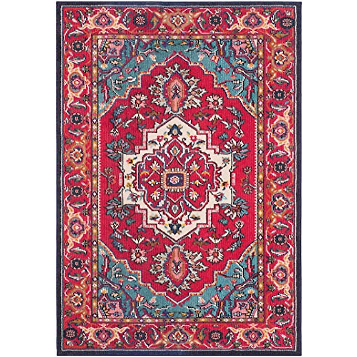 SAFAVIEH Monaco Collection Area Rug - 5'1" x 7'7", Red & Turquoise, Boho Oriental Medallion Design, Non-Shedding & Easy Care, Ideal for High Traffic Areas in Living Room, Bedroom (MNC207C)