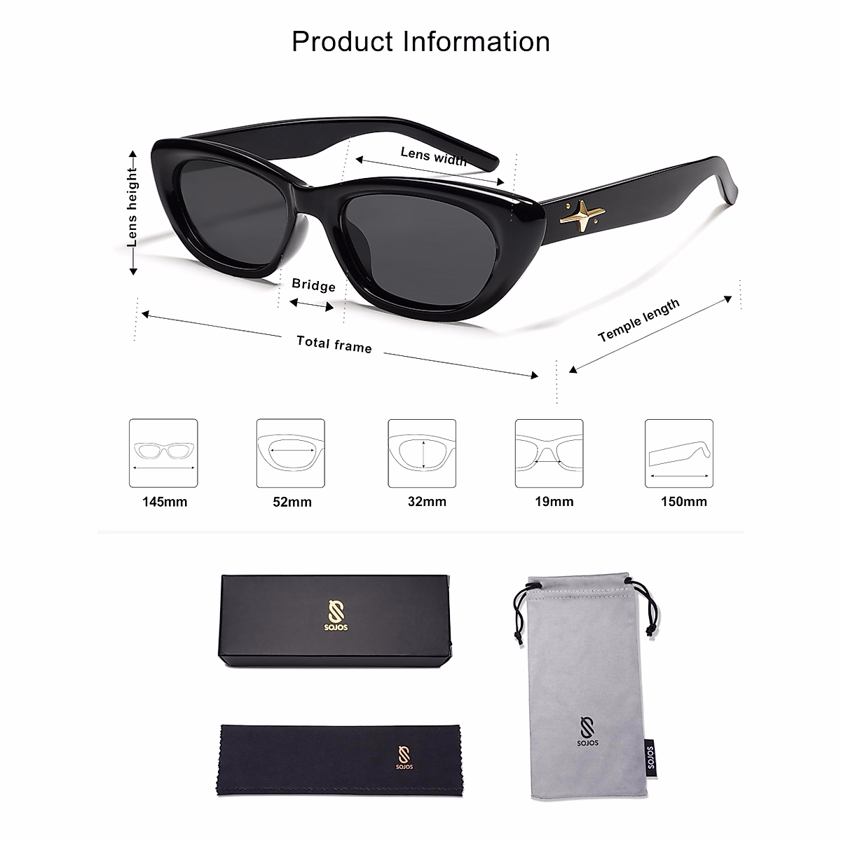 SOJOS Trendy Polarized Narrow Cat Eye Sunglasses for Women Retro Cute Womens Shades SJ2284 Black Frame Grey Lens