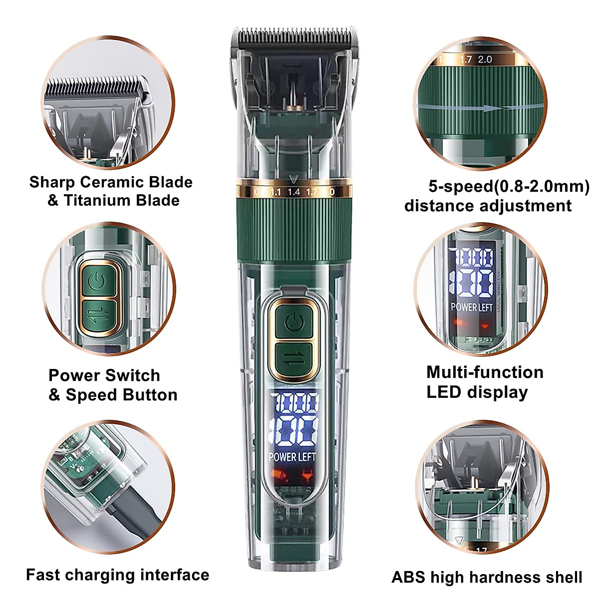 Dog Hair Clippers,Dog Grooming Clippers Kit with Led Display,Pet Clippers Grooming for Dogs Thick Coats,Low Noise Heavy Duty Pet Hair Shaver Trimmers (Green)