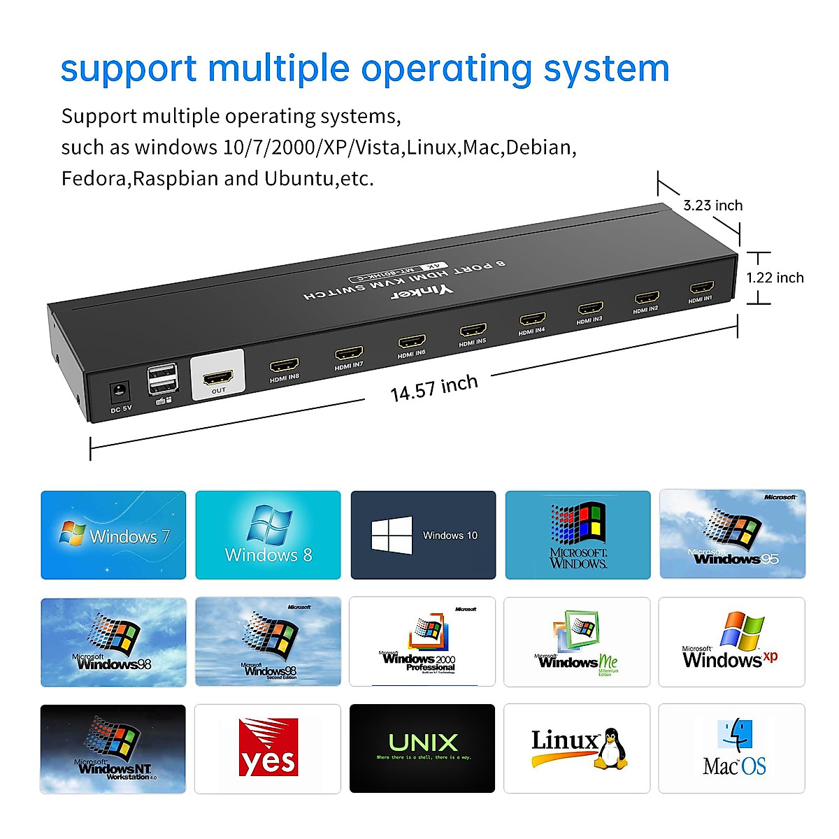 KVM Switch HDMI 8 Port, Yinker 4K@30Hz USB HDMI Rack KVM Console 8 in 1 Out w/9pack Cables 4 USB 2.0 Hubs Desktop Selector IR Remote & Ears