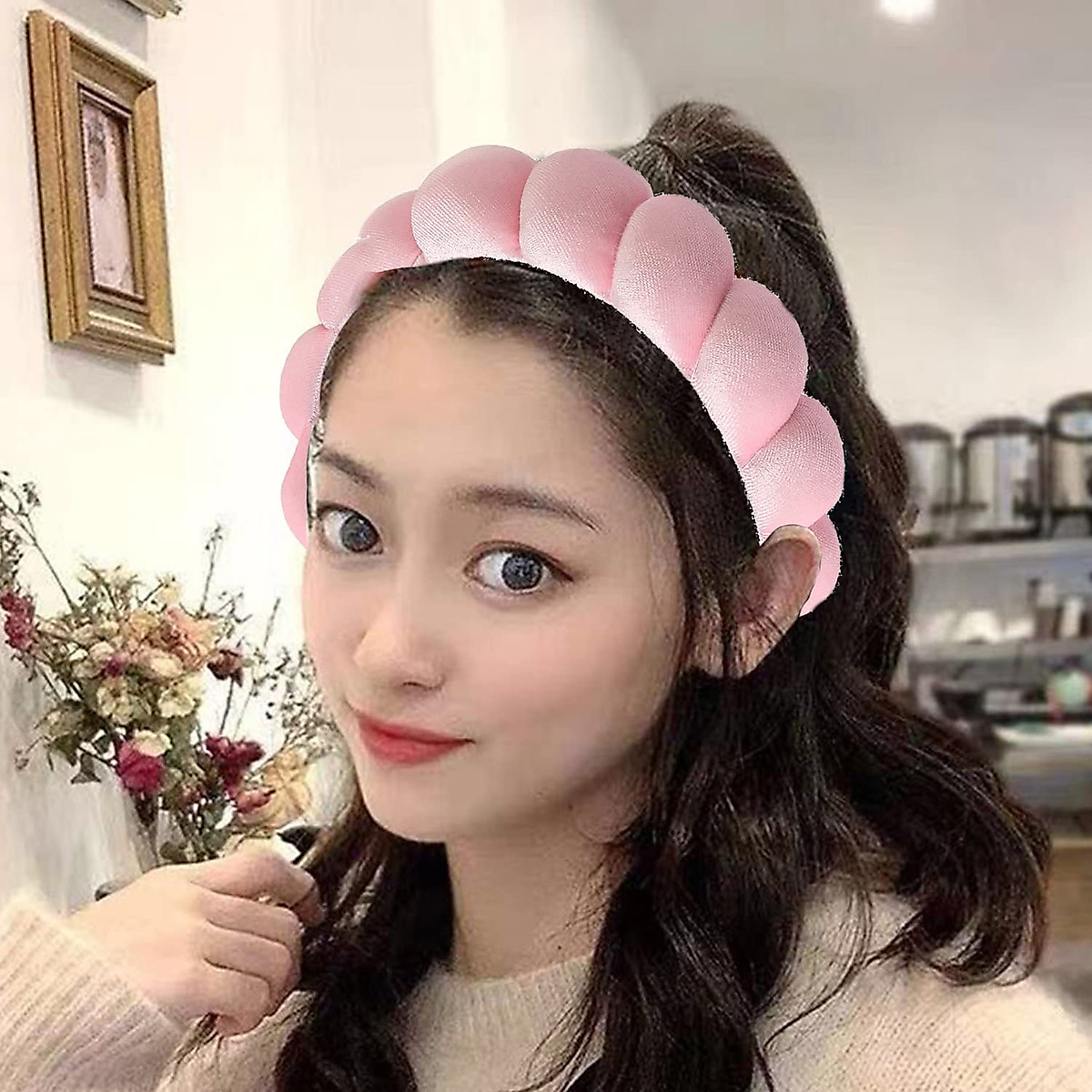 Headbands for Women Spa Headband Sponge & Terry Towel Cloth Fabric Hair Band for Face Washing, Makeup Removal, Shower, Skincare (Pink)