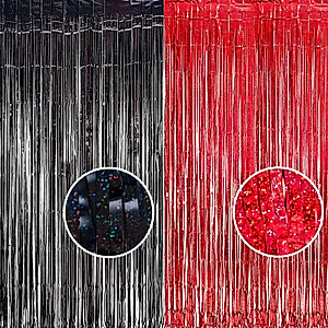Foil Fringe Curtain Party Decorations - Black Red Metallic Tinsel Backdrop Party Steamers Curtains for Birthdays Halloweens Christmas Wednesday Stranger Theme Prom Holidays Parties Decorations