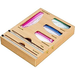 EAZE STORE Ziplock Bag Foil Plastic Wrap Dispenser Kitchen Drawer Organizer With Built-In Slider Cutter For Drawer Or Wall Mount Bamboo 6 In 1 Dispenser