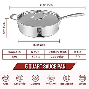 ROYDX Stainless Steel Skillet Saute Pan, 5 Quart Tri-ply Nonstick Large Fry Pans with Lid Single Stay-Cool Handle Cookware, Induction/Electric Gas Cooktops Oven Dishwasher Safe, for Kitchen Camping