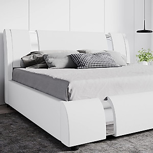 SHA CERLIN Queen Platform Bed Frame with Iron Pieces Decor and Adjustable Headboard/Deluxe Upholstered Modern Bed with Solid Wooden Slats Support/No Box Spring Needed, White