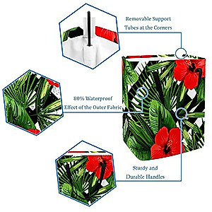 Red Hibiscus with Leaves in Striped Print Collapsible Laundry Hamper, 60L Waterproof Laundry Baskets Washing Bin Clothes Toys Storage for Dorm Bathroom Bedroom