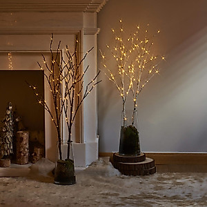LITBLOOM Lighted White Birch Willow Branches with Timer Battery Operated Set of 2, Tree Branch with Warm White Lights for Holiday and Party Decoration 30IN 100 LED Waterproof