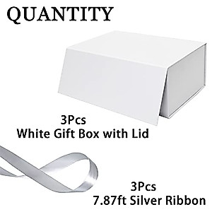 AuroWish 3 Pack Large Gift Box for Present, 12.5 x 8.5 x 4.75 Inches, White Gift Box with Magnetic Lid, Collapsible Gift Box with Ribbons, Gift boxes with Lids for Christmas, Bridesmaid Proposal, Wedding, Birthday