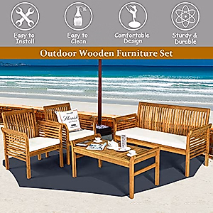 Tangkula 4 Piece Outdoor Acacia Wood Sofa Set with Water Resistant Cushions, Padded Patio Conversation Table Chair Set w/Coffee Table for Garden, Backyard, Poolside (1)