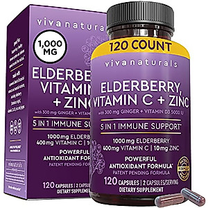 Viva Naturals Sambucus Elderberry with Zinc and Vitamin C for Adults, Vitamin D3 5000 IU and Ginger - Immune Support Supplement, 2 Months’ Supply - Black Dried Elderberry Capsules for Adults