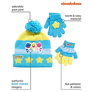 Nickelodeon Boys' Baby Shark Winter Hat and 2 Pairs of Mitten Set (Toddler), Size Age 2-4, Baby Shark Blue/Yellow Glove