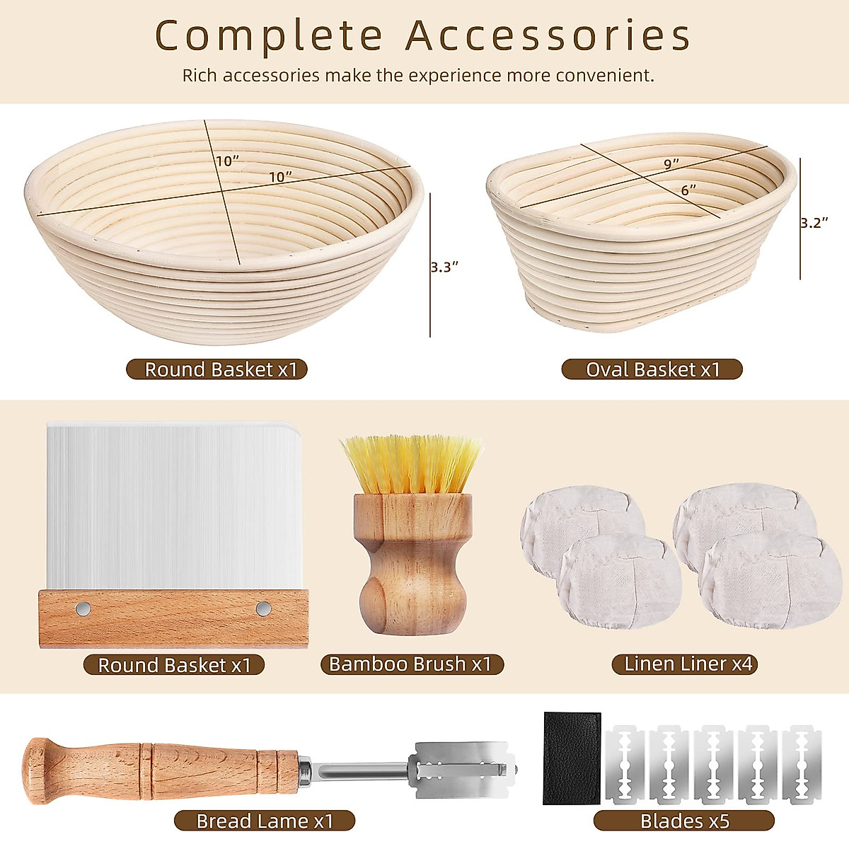 AIxibu Banneton Bread Proofing Basket Set of 2,10-inch Round and 8-inch Oval Sourdough Proofing Baskets - Complete Bread Making Kit for Home Bakers