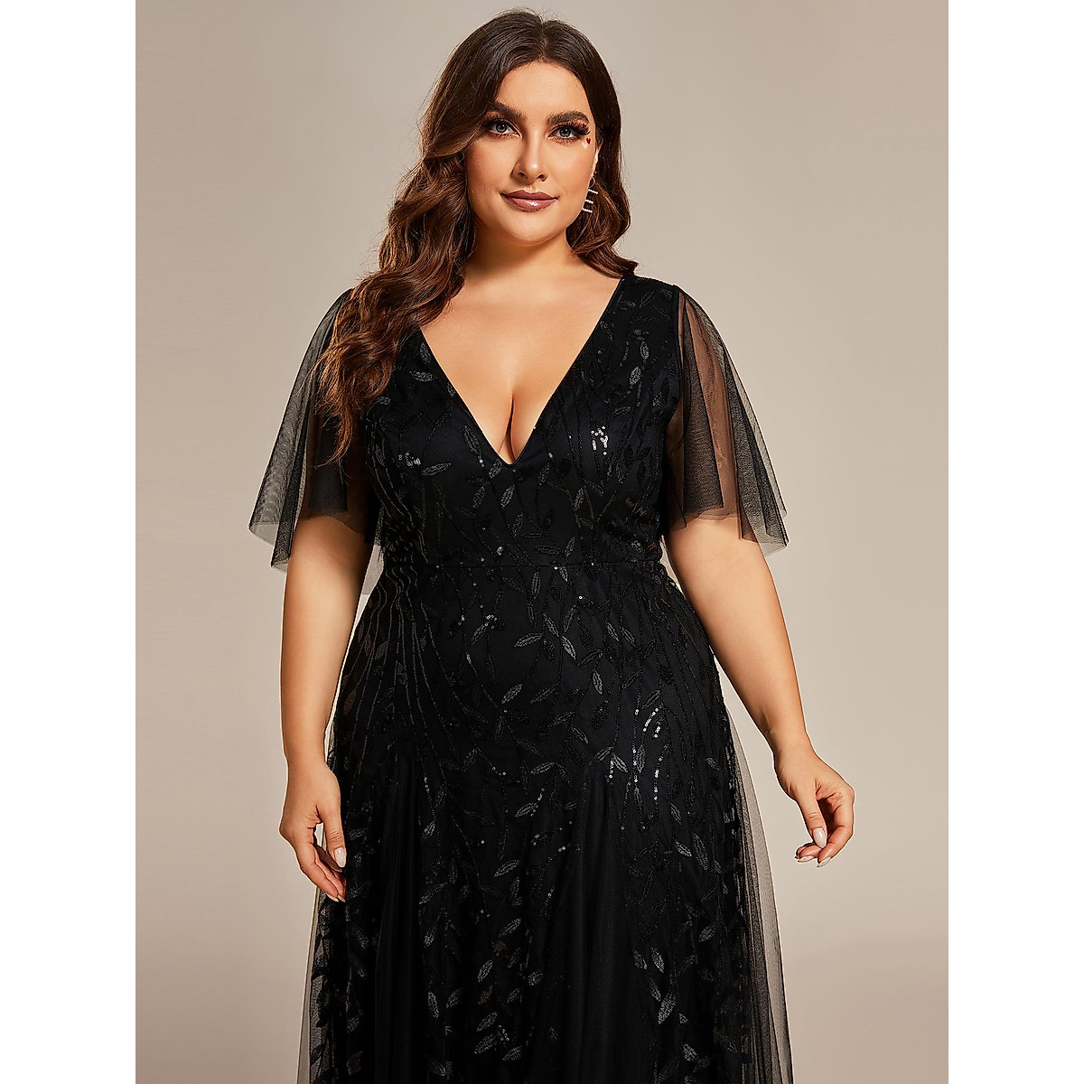 Ever-Pretty Womens Plus Size Sequin Emboridery Formal Evening Dresses with Sleeves Black US18