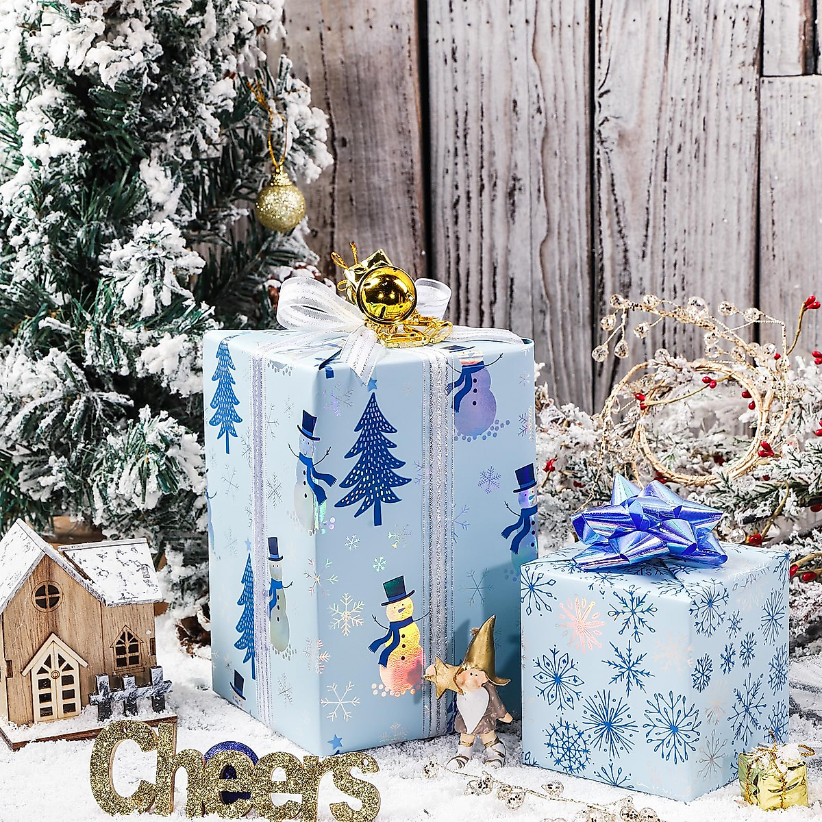 LeZakaa Blue Christmas Wrapping Paper - Mini Roll with Metallic Foil - Snowman/Crystal Ball/Snowflake for Gift Wrap, DIY Craft - 17 x 120 inches - 3 Rolls (42.5 sq.ft.ttl.)
