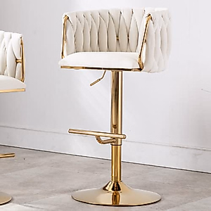 LukeAlon Velvet Swivel Bar Stools, Modern Height Adjustable Counter Height Bar Chair with Golden Base Weaved Backrest Barstool with Footrest for Home Bar Kitchen, White