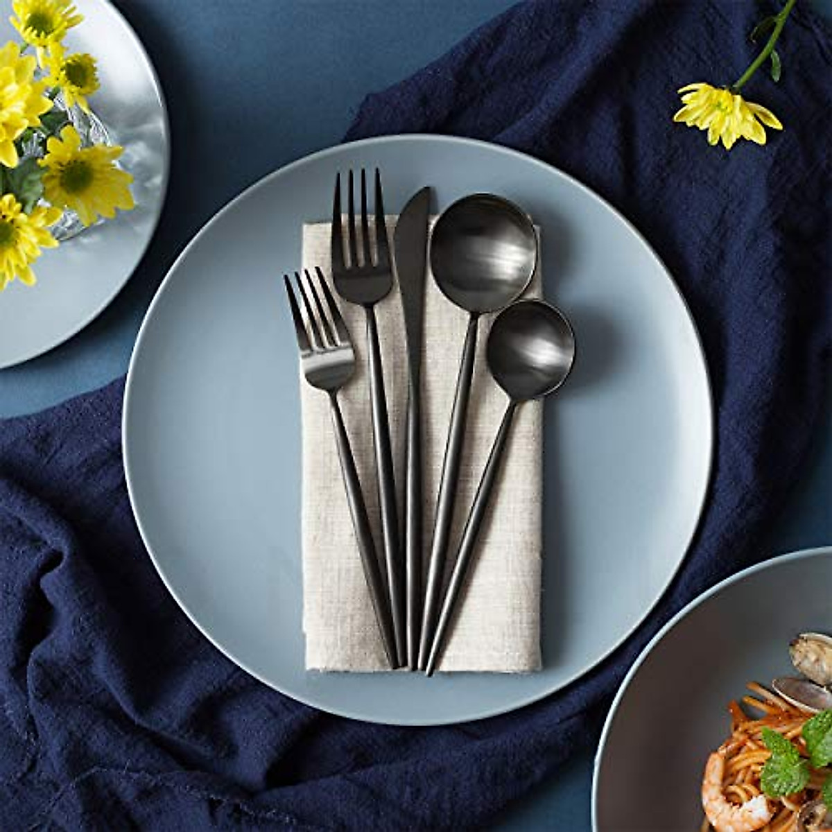 Homelux Theory 18/10 Matte Black Silverware Set Stainless Steel Black Flatware Set Black Utensil Set| 5pc Adaline Royal Modern Black Cutlery Set| BEST Flatware Set for 4 (4 sets,Black matte polish)