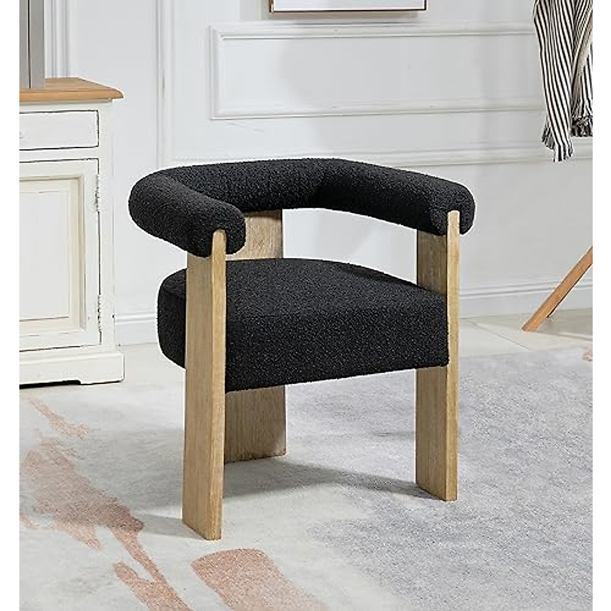 Meridian Furniture 566Black-C Barrel Collection Mid-Century Modern Dining Chair with Solid Wood Natural Finish, Rich Black Boucle Fabric, 27.5" W x 24" D x 28" H, Black