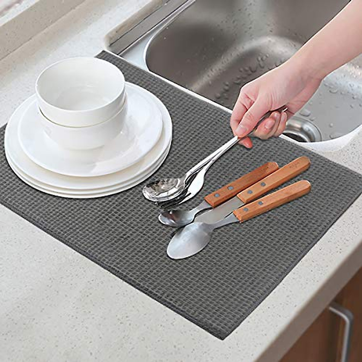 2-Packs Microfiber Dish Drying Mat for Kitchen Counter-top, Dry Pad for Dishes, Flatware, Dinnerware, Glassware, Drinkware, Serveware, Plate, Tabletop Accessories, Machine Wash (Gray, 20" x 15")