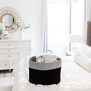 OrganiHaus Gray & Black Throw Blanket Basket for Living Room 20x13, Large Woven Baskets for Storage, Cotton Rope Baskets with Handles, Big Nursery Laundry Basket, Blanket Bin & Pillow Basket