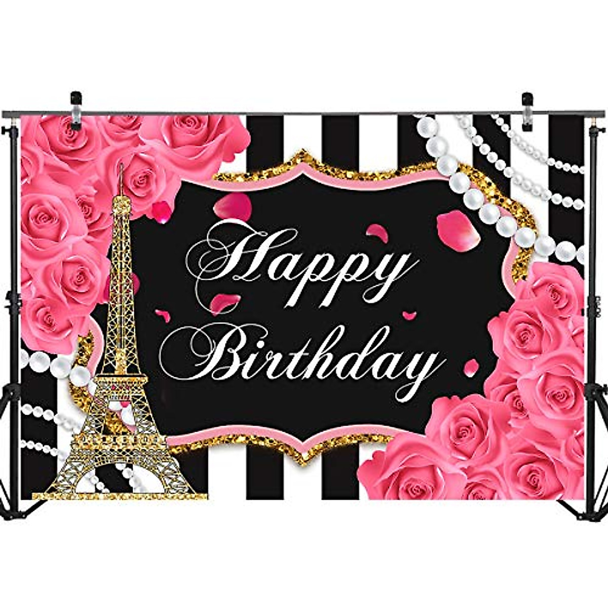 Mocsicka Paris Birthday Backdrop 7x5ft Black White Stripe Pink Rose Effel Tower Happy Birthday Photo Booth Backdrops Sweet 16th Photography Studio Background