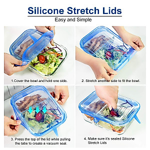[12pack] Longzon Silicone Stretch Lids 6 Clear Round 6 Blue Rectangle, Magic Lids Reusable Food Covers for Bowls, Cups, Cans, Fit Different Sizes & Shapes of Container, Dishwasher & Freezer Safe