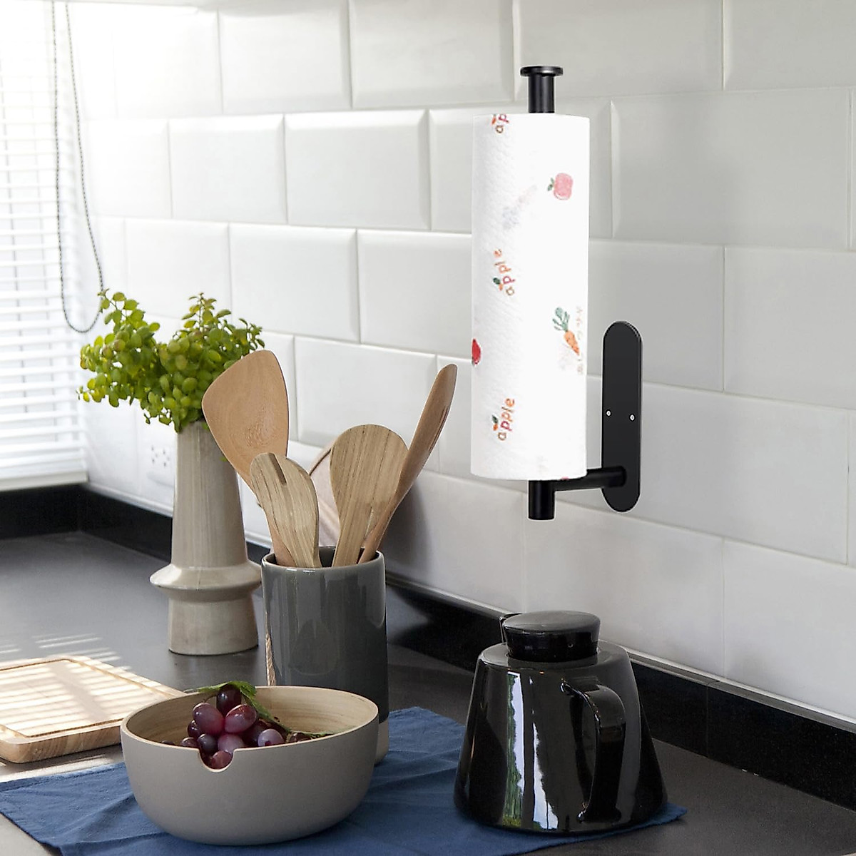 Under Cabinet Paper Towel Holder - Self Adhesive Paper Towel Roll Holder Wall Mount, Matte Black Stainless Steel Towel Paper Holder for Kitchen, Bathroom, Cabinets