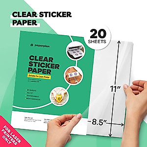 Clear Sticker Paper for Laser Printer - (20 Sheets), 8.5 x 11" Letter Size, Glossy Vinyl Sticker Paper - Perfect for Crafting and Vibrant Designs