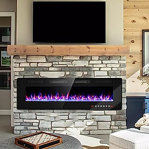 BREEZEHEAT 60inch Electric Fireplace Recessed Wall Mounted-Ultra Thin Fireplace Heater for Living Room/Bedroom with 2 Heat Vents, Remote Control, Touch Screen, Adjustable Flame, 8H Timer, 750w/1500w