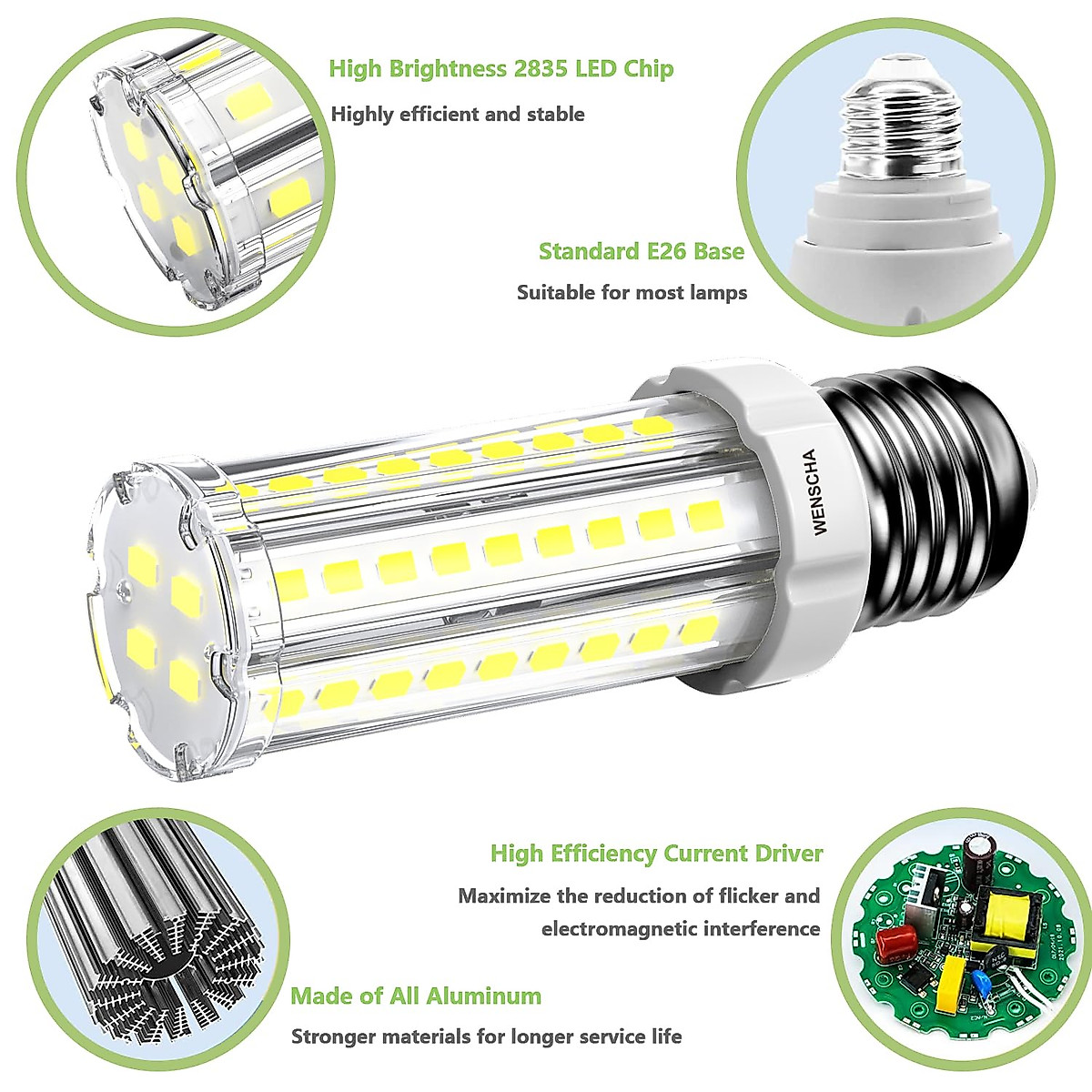 Wenscha LED Light Bulb 150W Equivalent 1200 Lumen 6500K Daylight White 10W LED Corn E26/E27 Light Bulb Non-dimmable Ceiling Fan Bulb for Home,Garage,Indoor,High Brightness