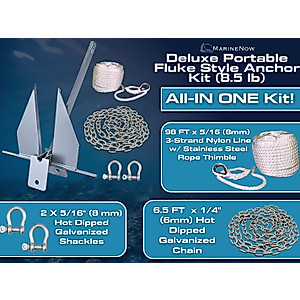 MarineNow Deluxe Portable 8.5 lb Fluke Style Anchor Kit for 15' - 24' Boat