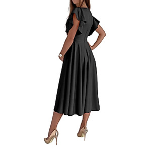 LYANER Women's Deep V Neck Ruffle Short Sleeve Wrap Swing A Line Flared Cocktail Party Midi Dress Black Solid Large