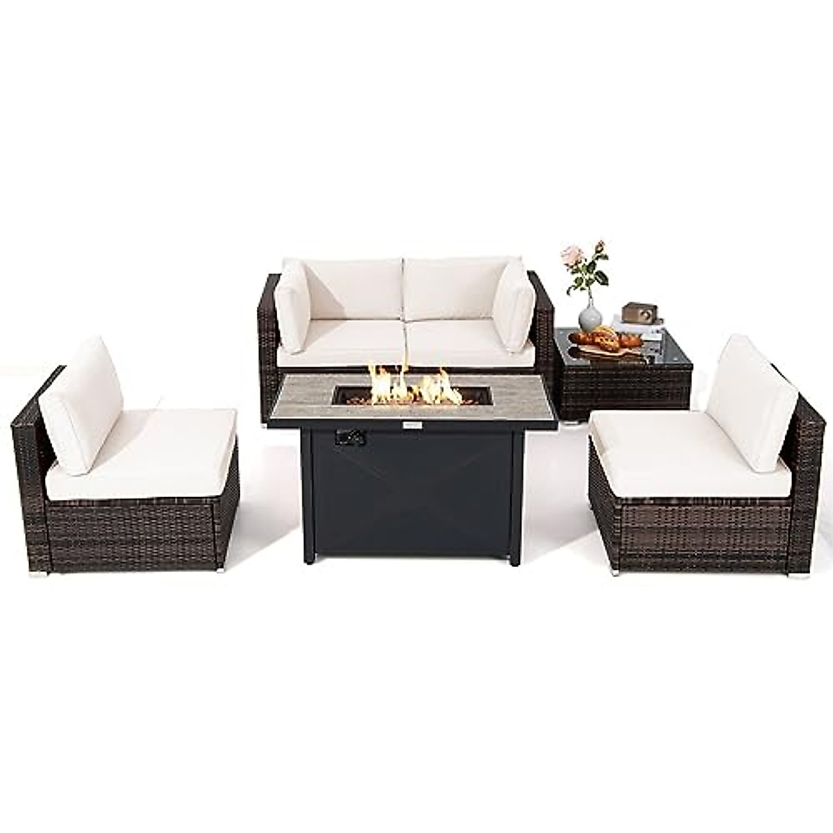 WXBDD 6PCS Patio Furniture Set Rattan Cushioned Gas Fire Pit Table Beige