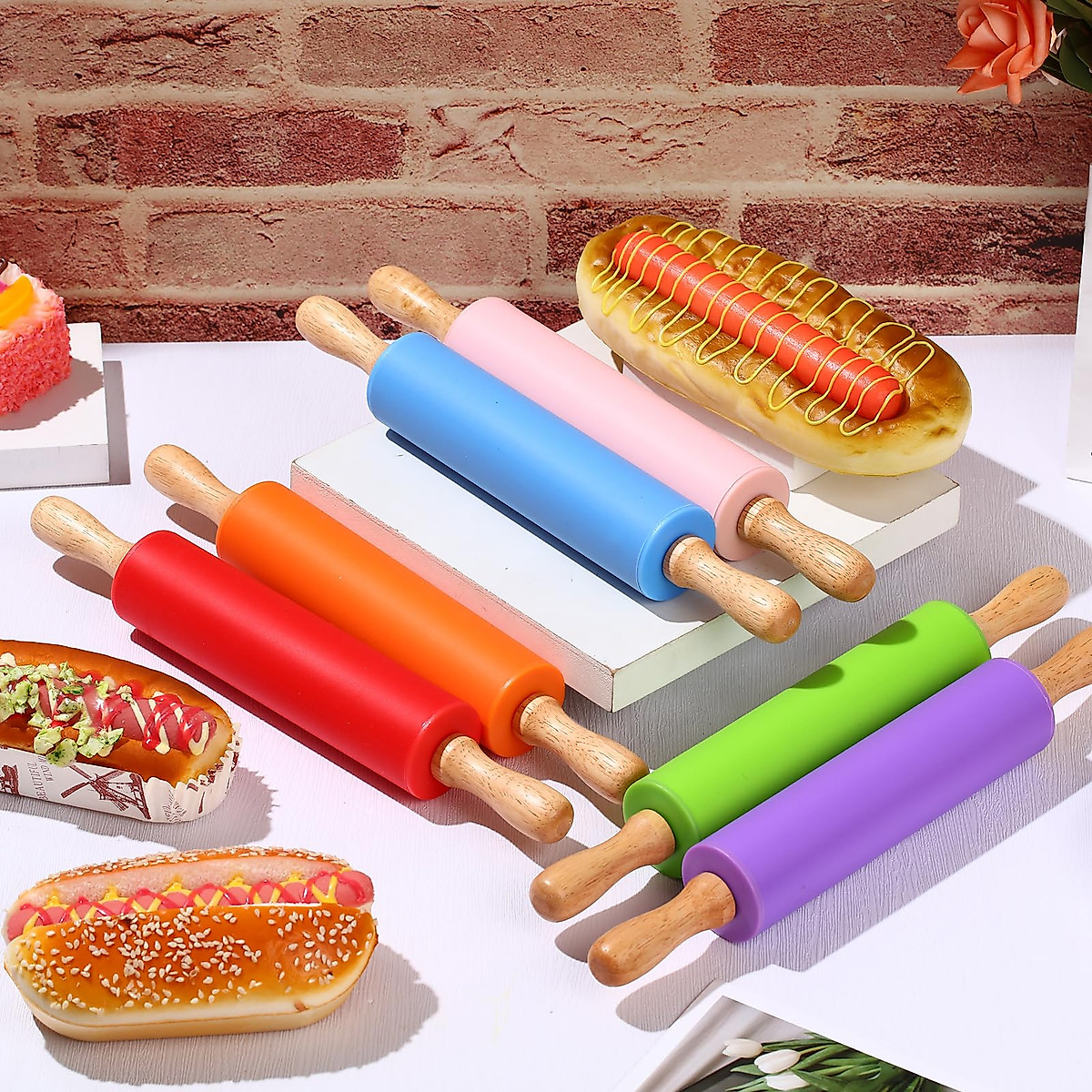 Dandat 6 Pcs Small Rolling Pin Kids 12 Inch Mini Silicone Rolling Pin for Baking Non Stick Kids Dough Roller with Wooden Handle for Kitchen Cookie Pastry Fondant Cake 6 Colors