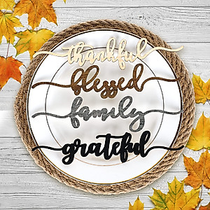 Whaline 12Pcs Fall Thanksgiving Plate Decoration Grateful Thankful Blessed Family Wooden Cutout Cards Sign Autumn Harvest Table Plate Ornament for Home Table Farmhouse Party Supplies