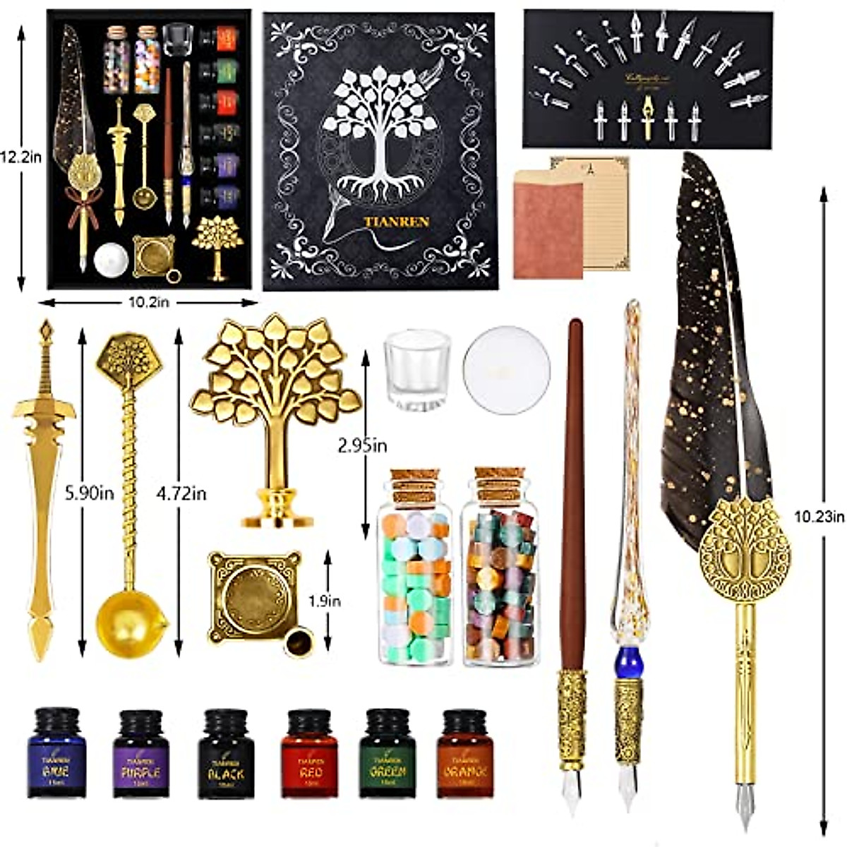 Quill Pen and Ink Set,Feather Dip pen with 6 bottles of ink,Antique Calligraphy Pen,Feather Writing Pen,Wooden Dip Pen,Glass Dip Pen,Wax Seal Stamp Kits Birthday&Christmas Gift for Men&Women(Gray)