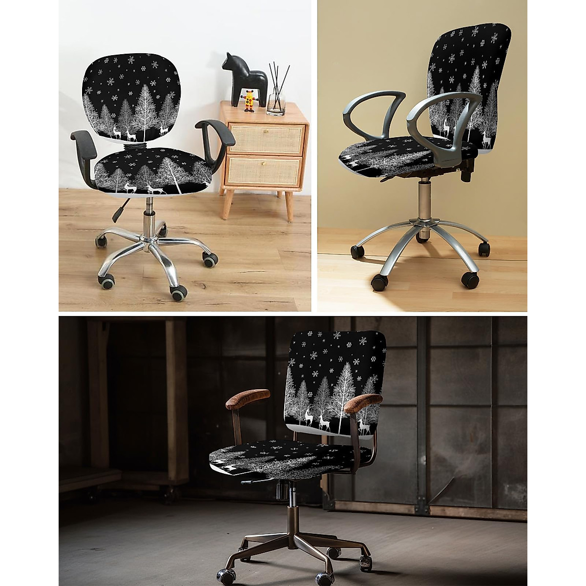 Snowflake Elk Office Chair Cover Stretchable Computer Chair Seat Cover Backrest Slipcovers, Stretchable Rotating Desk Chair Seat Cushion Split Protectors Geometric Christmas Tree Branch Black