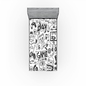 Ambesonne Video Games Fitted Sheet, Monochrome Sketch Style Gaming Design Racing Monitor Device Gadget Teen 90's, Bed Cover with All-Round Elastic Deep Pocket for Comfort, Twin Size, White Black
