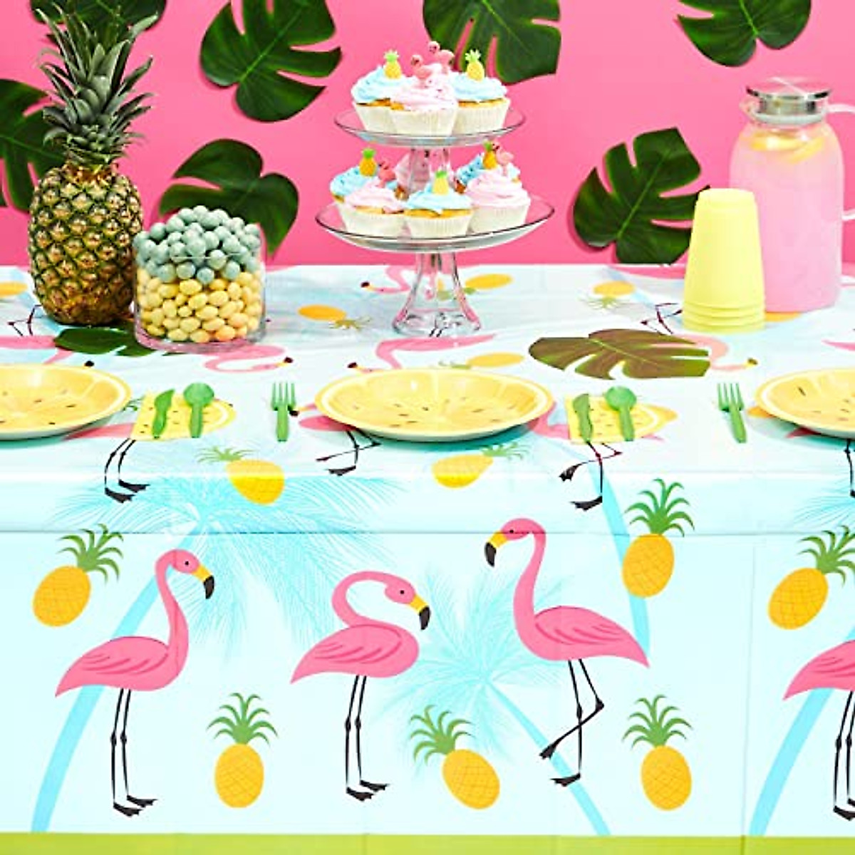Juvale 3-Pack Flamingo Tablecloth for Pineapple Birthday Decorations, Plastic Table Cover for Tropical Hawaiian and Flamingo Party Supplies, Summer Pool Party (54x108 Inches)