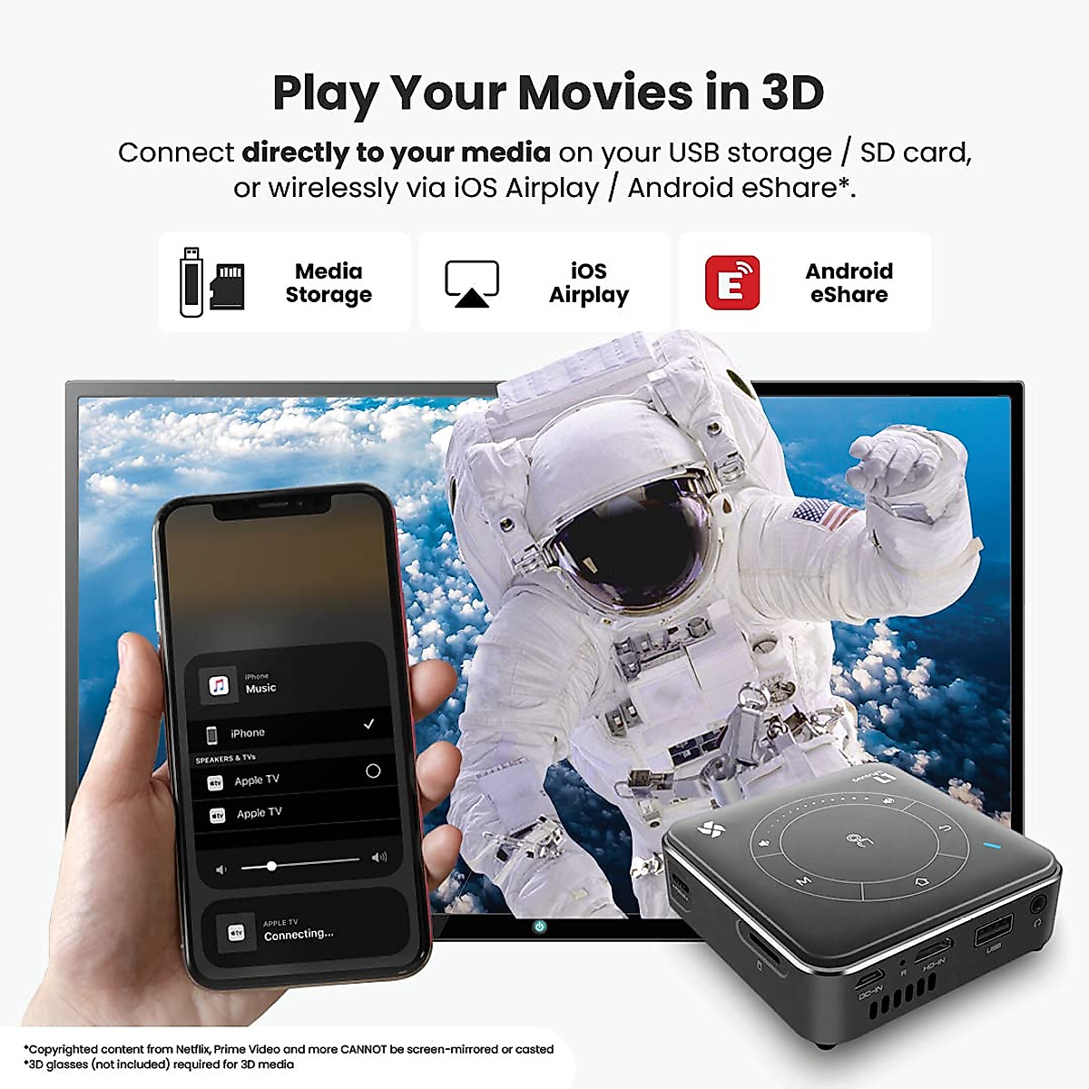 Sentrym L1 Ultra Mini 3D Portable Projector, Android 9.0, Bluetooth 5.0, Dual Band Wi-Fi, 16GB, 2GB Ram, 2 Hour Battery Life, Touch Navigation, Auto Keystone, 0.4lb (Free Tripod Stand Included!)