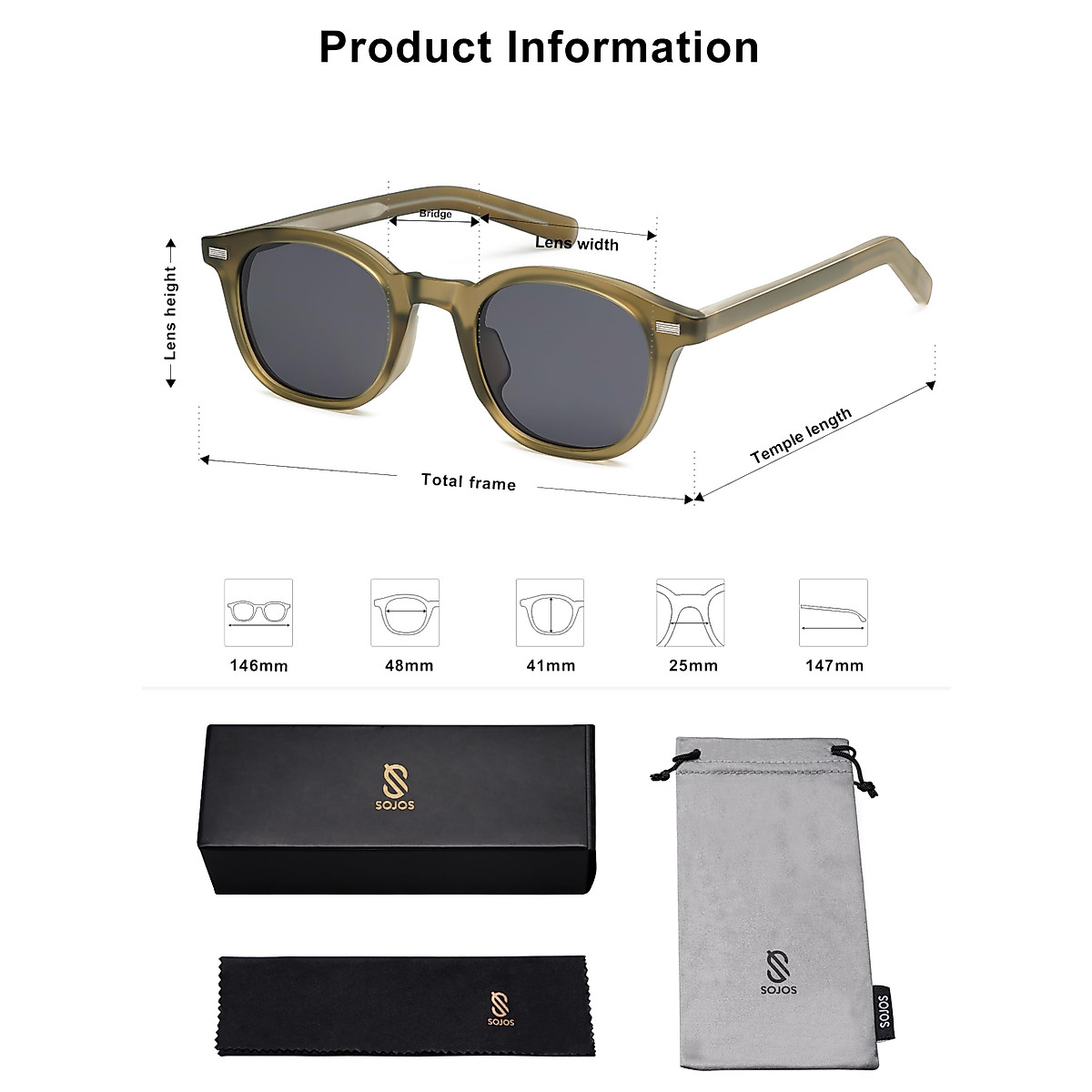 SOJOS Retro Vintage Square Sunglasses for Women Men UV400 Protection Shades Sunnies SJ2316, Olive Green Frame/Grey Lens