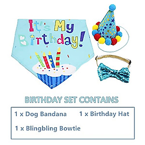 ADOGGYGO Dog Birthday Bandana Scarf and Dog Girl Boy Birthday Party Hat with Cute Dog Bow Tie for Small Medium Large Dog Pet (Large, Blue)